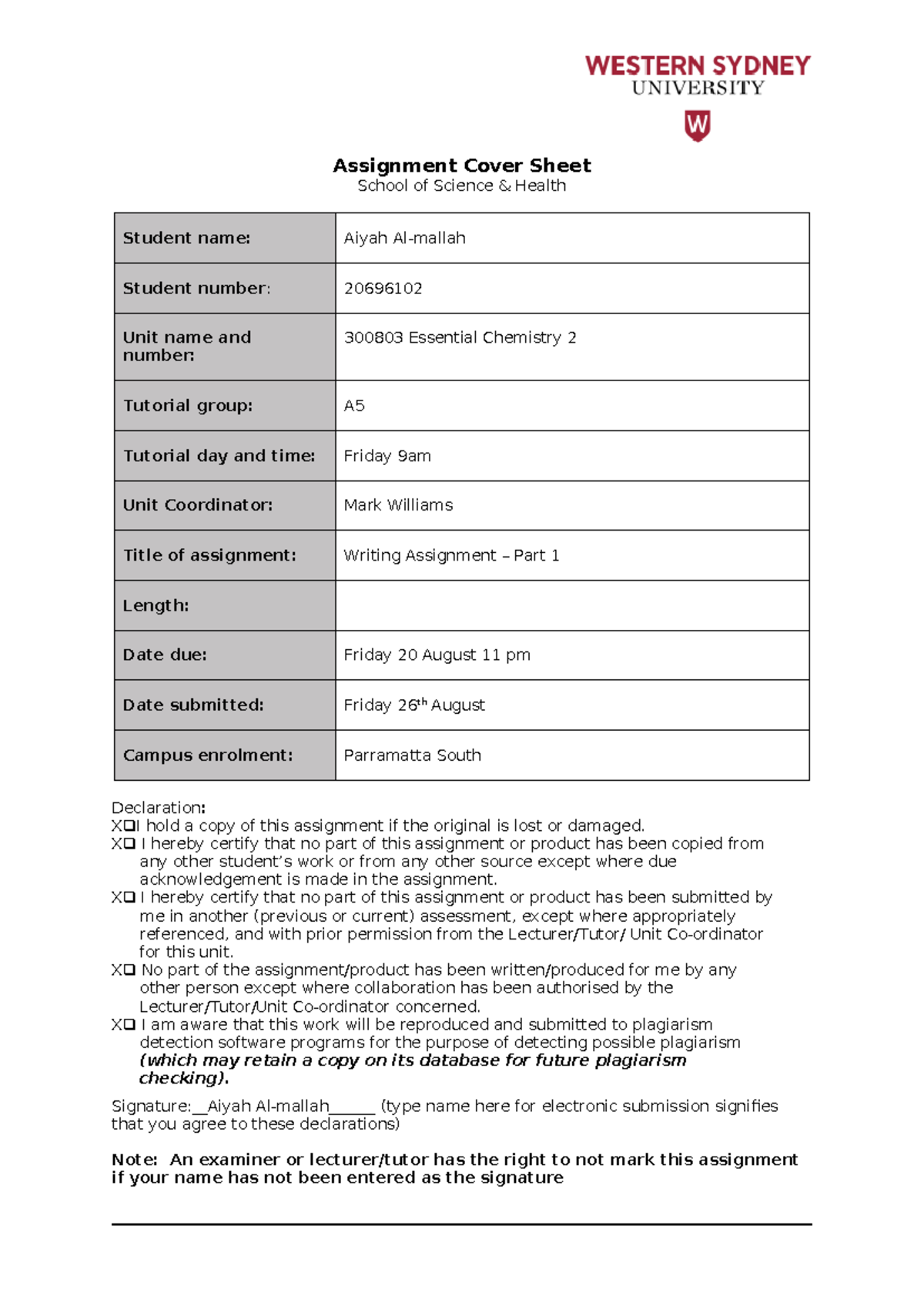 Cover sheet - Part 1 - Assignment Cover Sheet School of Science ...