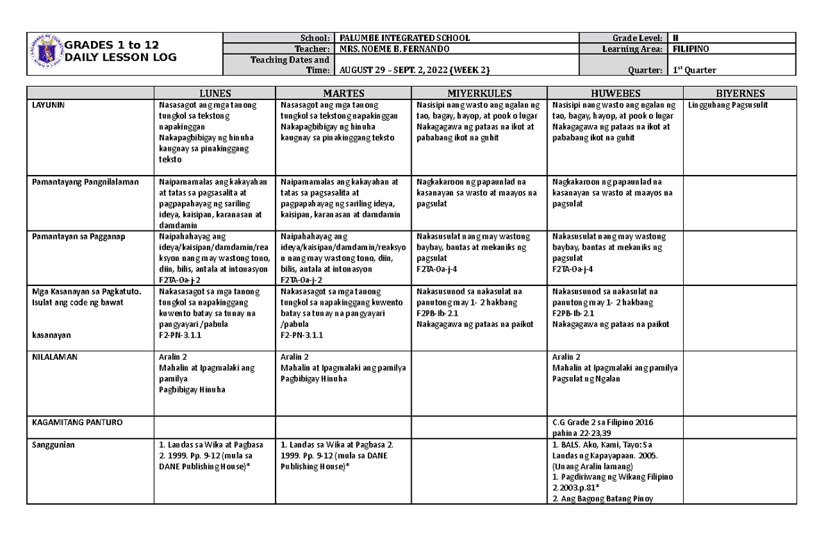 DLL Filipino 2 Q1 W2 - bsjsjs - GRADES 1 to 12 DAILY LESSON LOG School ...