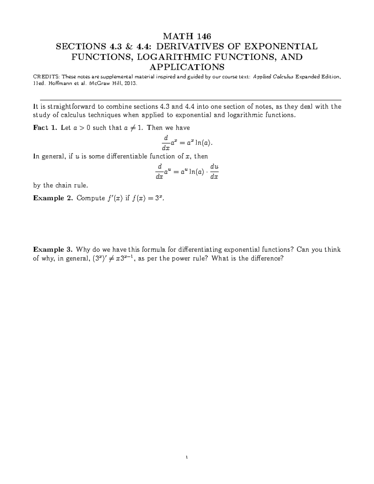 4.3 -4.4 Calc Notes - Calc - MATH 146 SECTIONS 4 & 4: DERIVATIVES OF ...