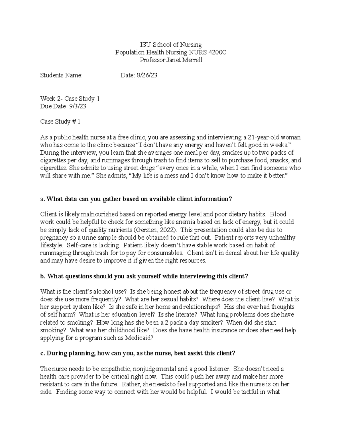 Case Study 1 NURS4200 - ISU School of Nursing Population Health Nursing ...