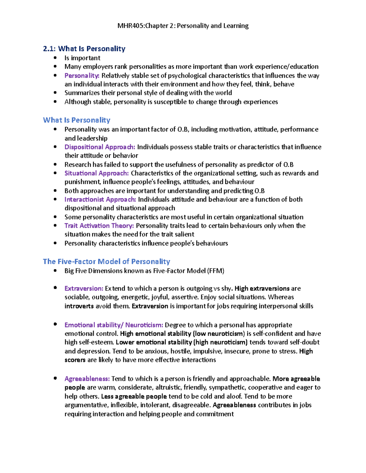 MHR405-Chapter 2- Personality and Learning - 2: What Is Personality Is ...