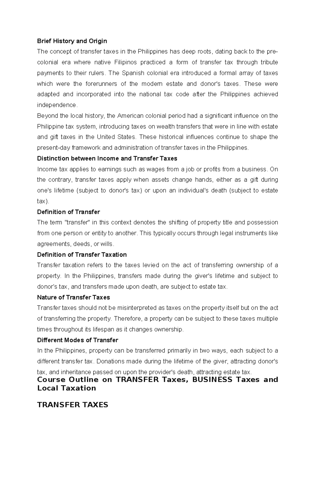 Tax 2 reviewer part 2 - Course Outline on TRANSFER Taxes, BUSINESS ...