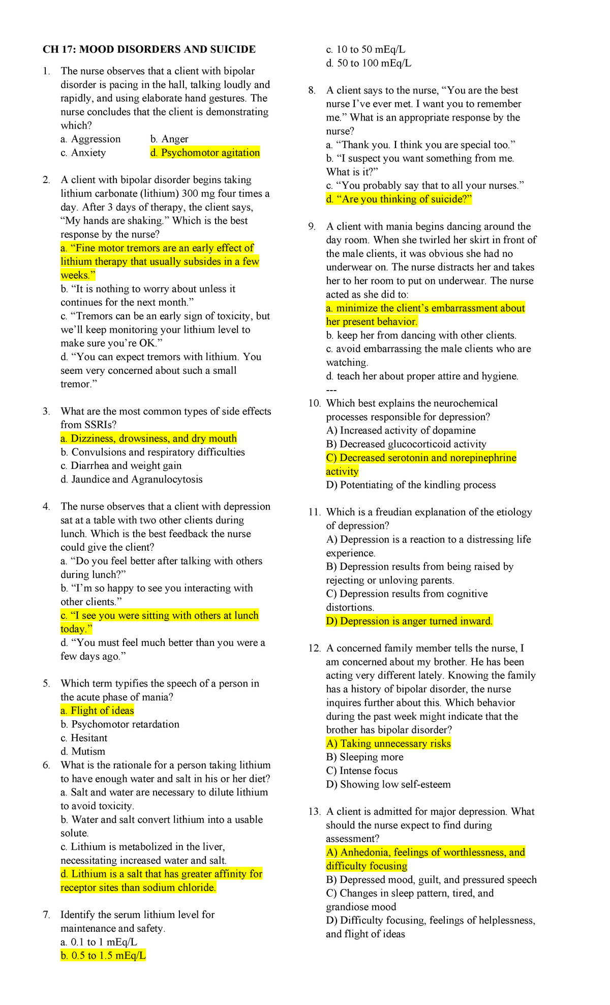 Final Review NCM 117 A q - CH 17: MOOD DISORDERS AND SUICIDE The nurse ...