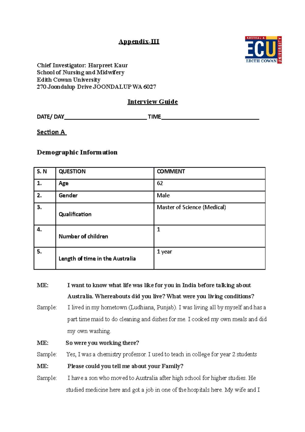 Interview Question - Appendix-III Chief Investigator: Harpreet Kaur ...