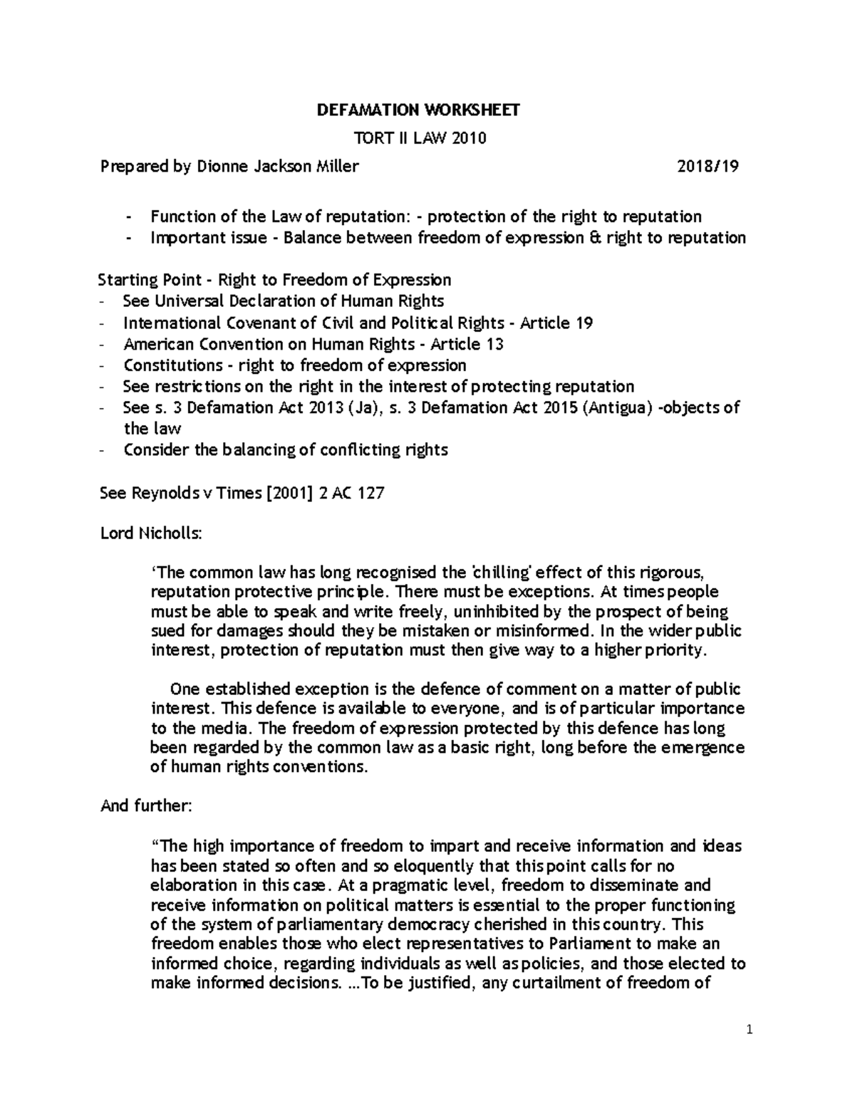 Defamation hand out Dionne Jackson Miller 2018 - DEFAMATION WORKSHEET ...
