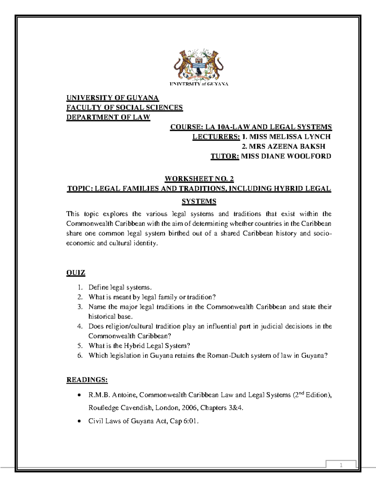 Worksheet 2 - Legal Families and Traditions, Including the Hybrid Legal ...