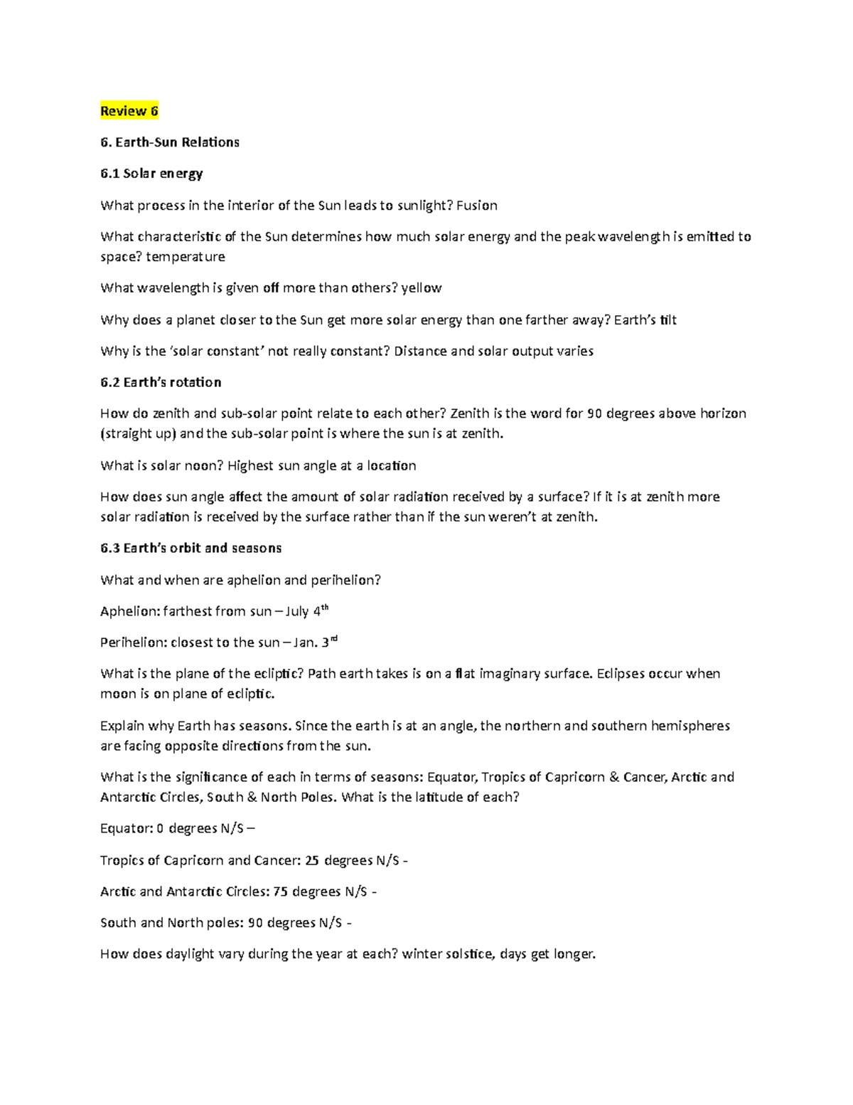 Geography lecture notes 6 - Review 6 6. Earth-Sun Relations 6 Solar ...