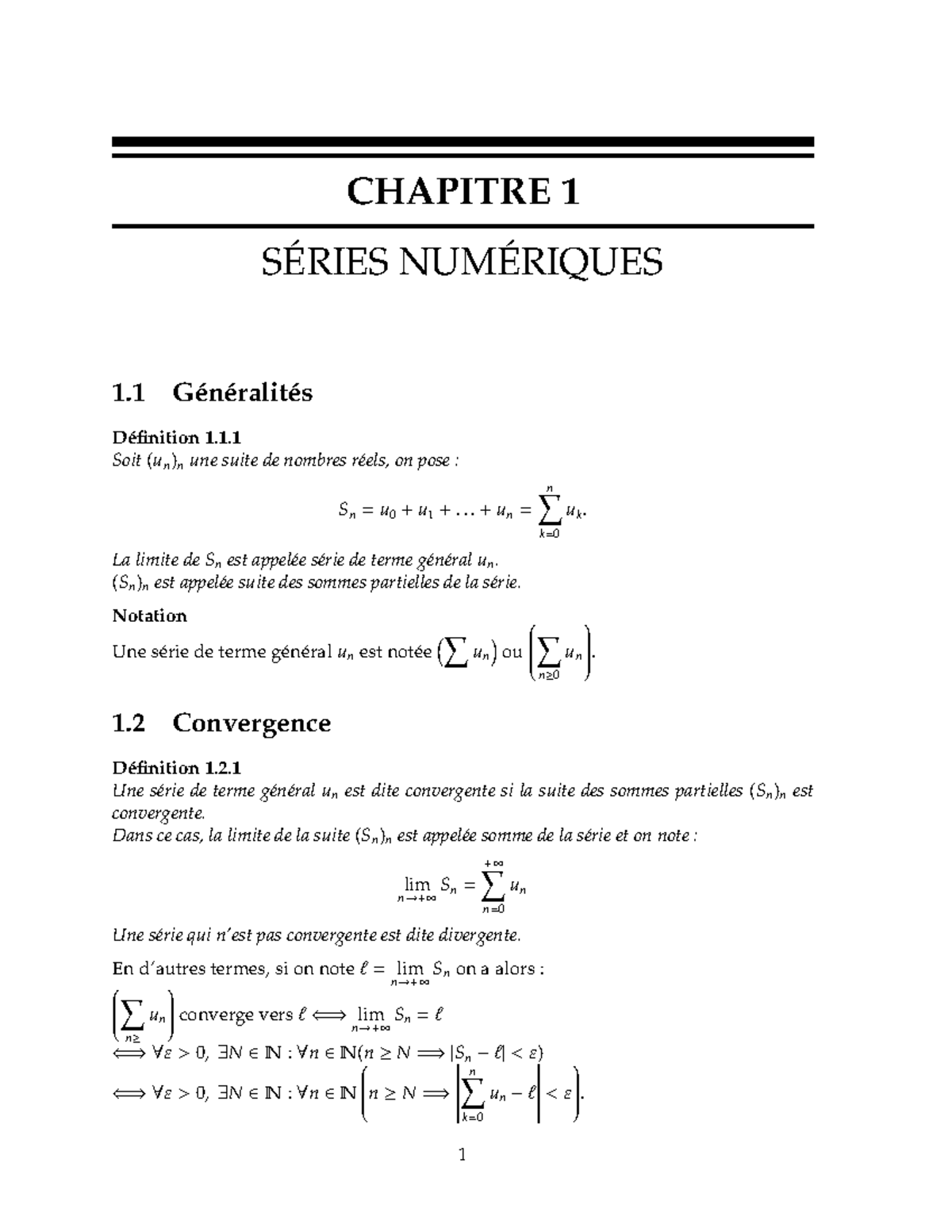 Sm-math series-numeriques - CHAPITRE 1 SÉRIES NUMÉRIQUES 1 Généralités ...
