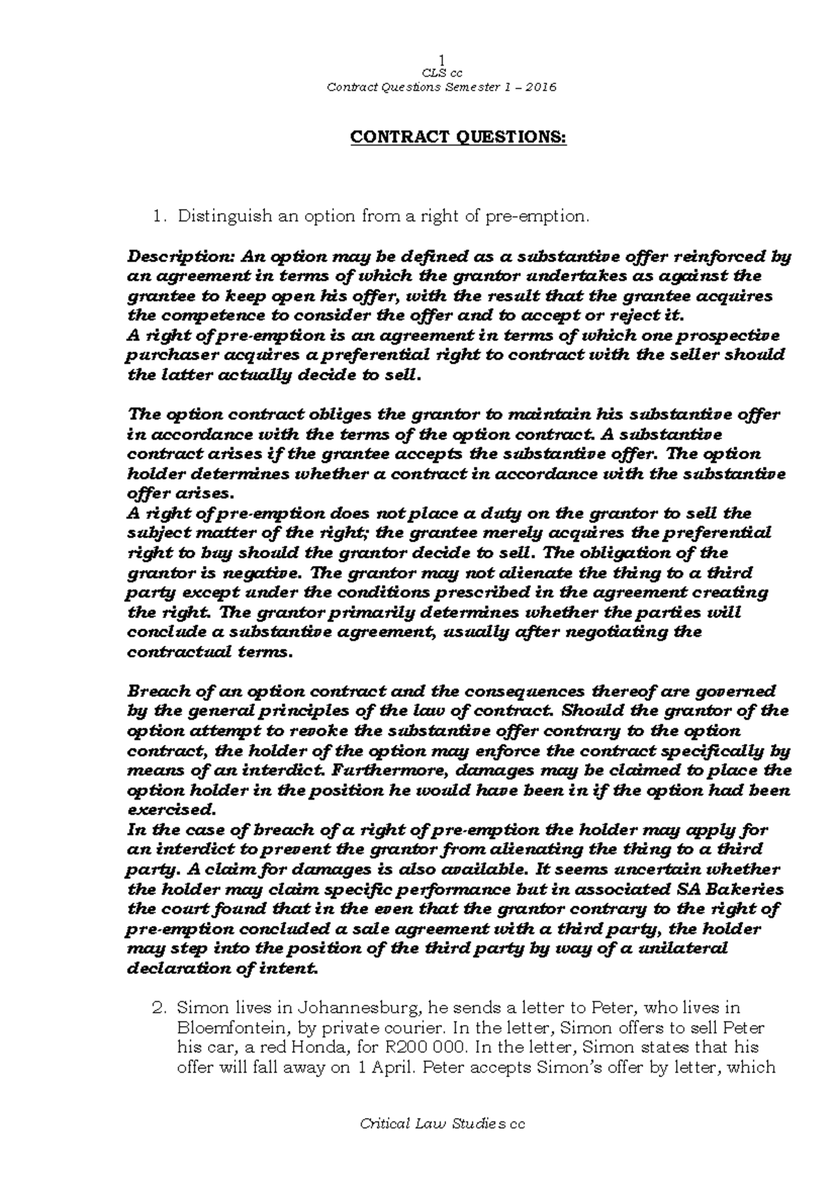 Contract Question PACK sem 1 2016 - CLS cc Contract Questions Semester ...