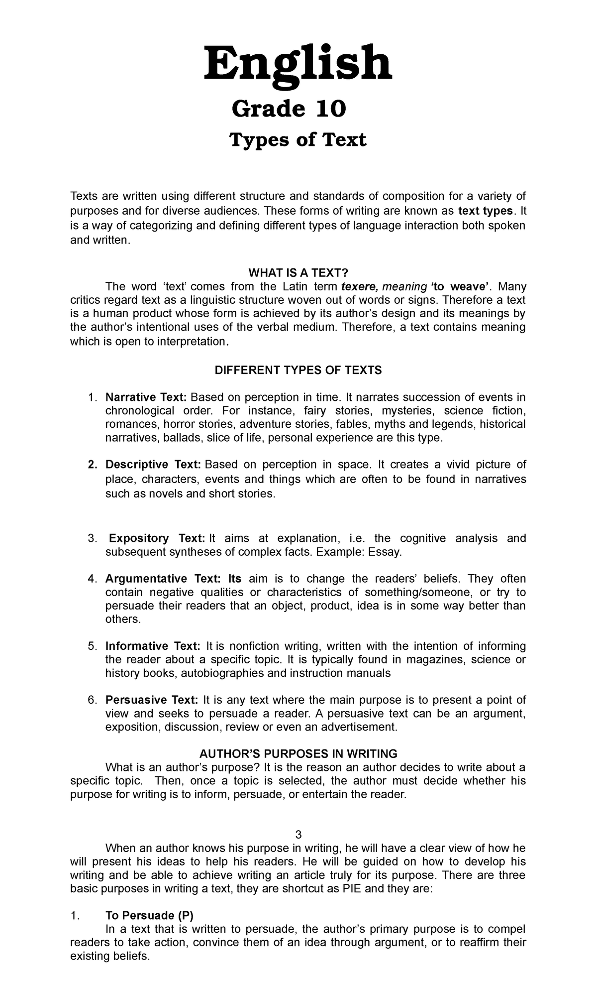 English 10 Types Of Text Eng Lish Grade 10 Types Of Text Texts Are 