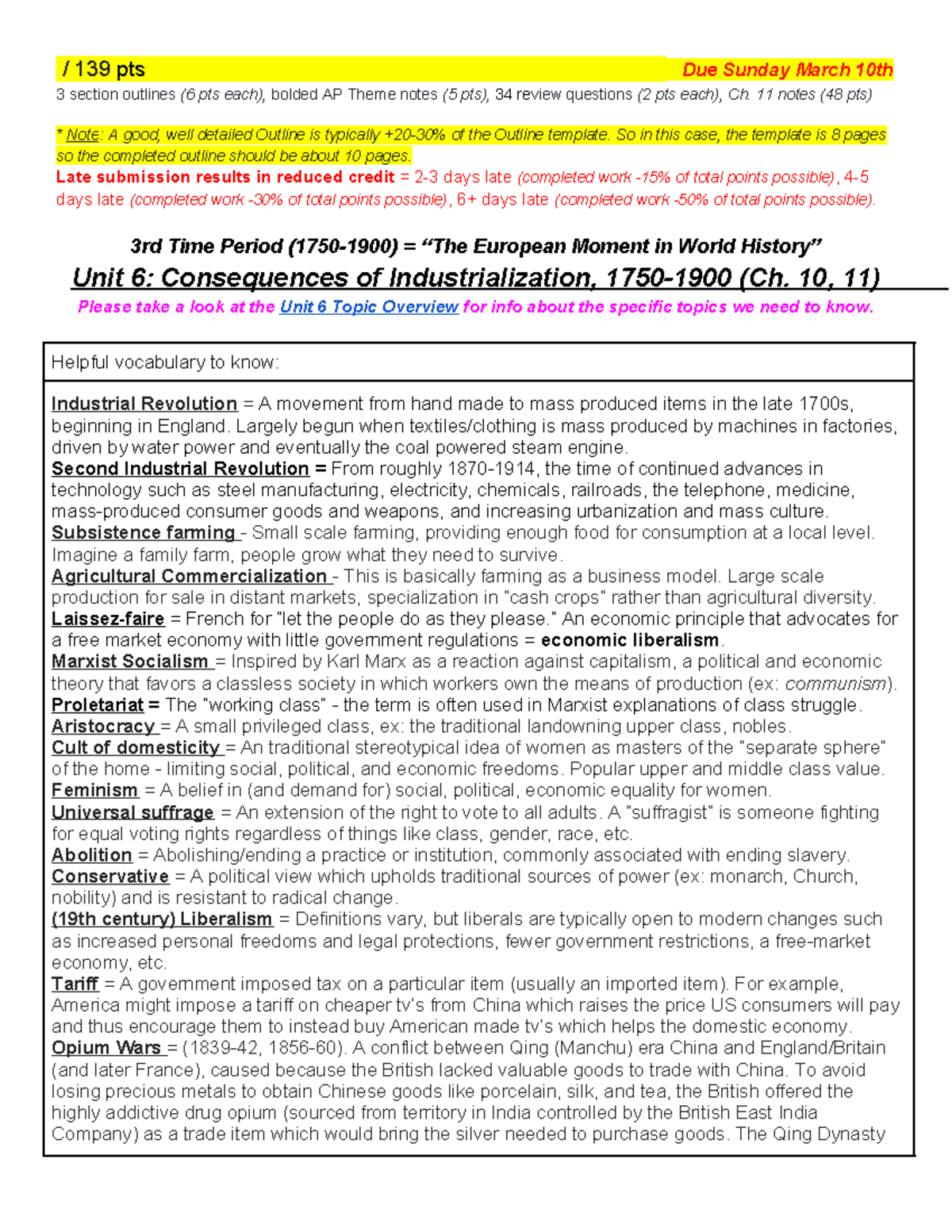 Copy of Unit 6 Outline Consequences of Industrialization, 1750-1900 (Ch ...