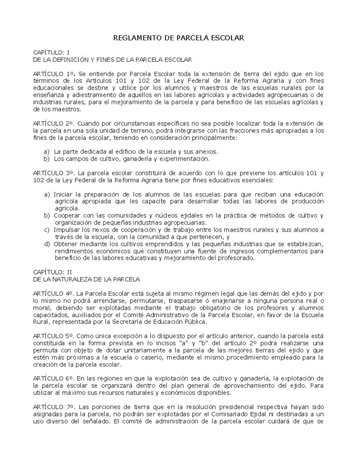 Reglamentodeparcelaescolar - REGLAMENTO DE PARCELA ESCOLAR CAPÍTULO: I ...