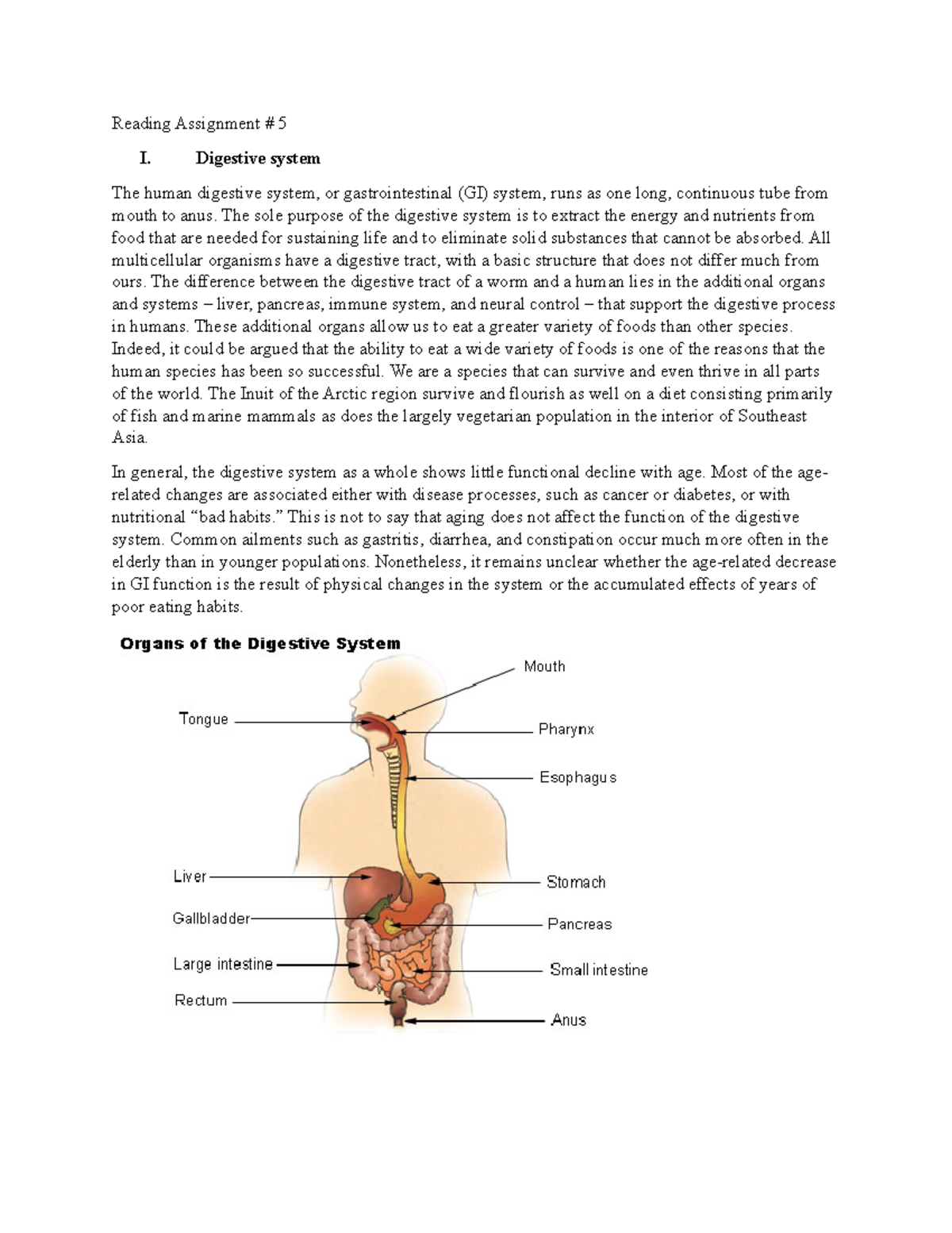 R5 - Lecture notes 5 - Reading Assignment # 5 I. Digestive system The ...