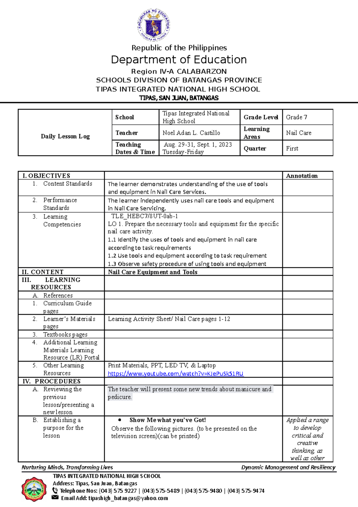 DLL-week1 - DLL COPY - Department of Education Region IV-A CALABARZON ...