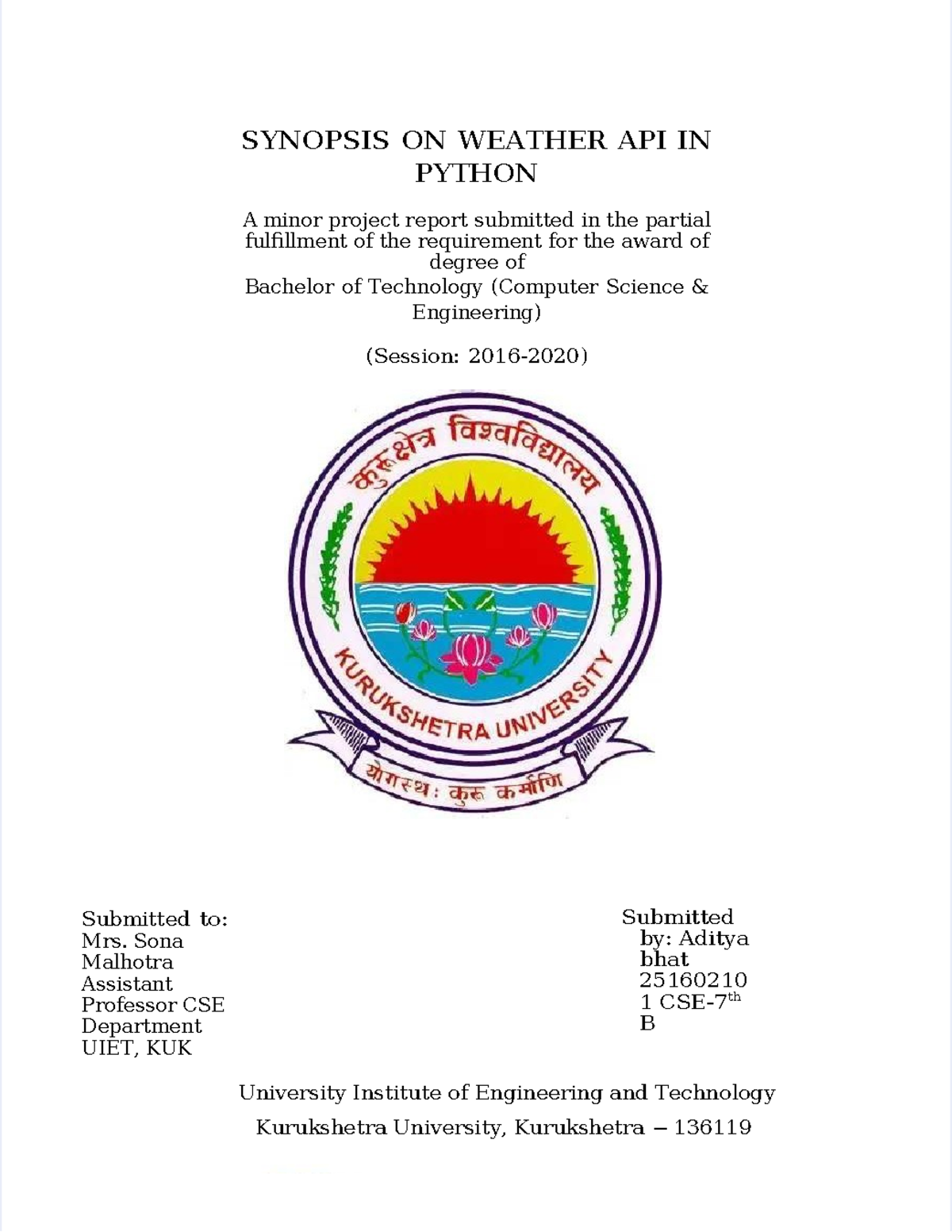 Pdf synopsis on weather api - SYNOPSIS ON WEATHER API IN PYTHON A minor project report submitted ...