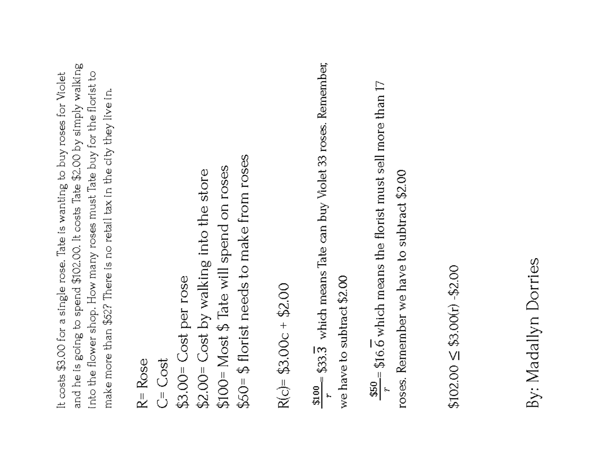 Project - jhjfiytg - It costs $3 for a single rose. Tate is wanting to ...