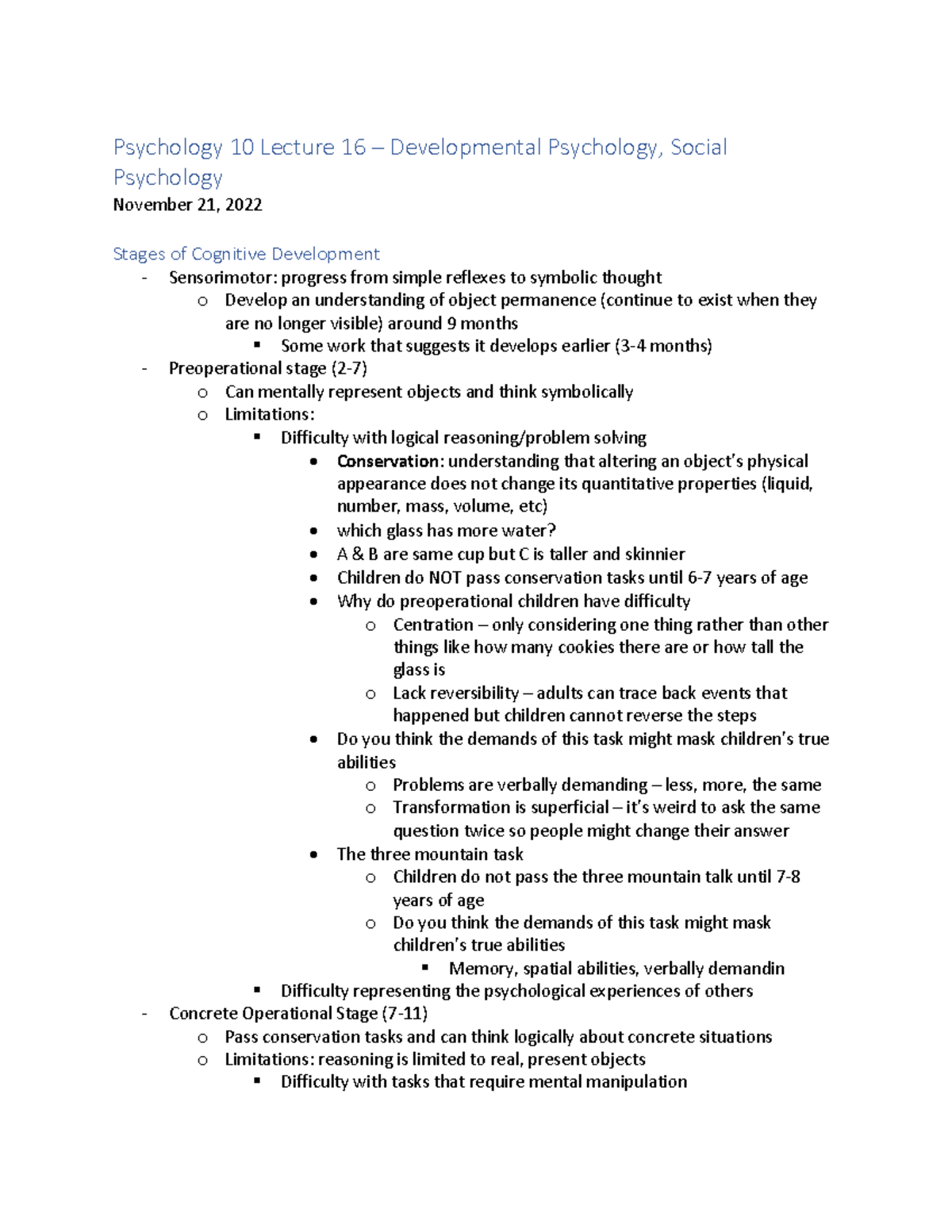 psych 10 lecture 16 - Psychology 10 Lecture 16 – Developmental Psychology, Social Psychology ...