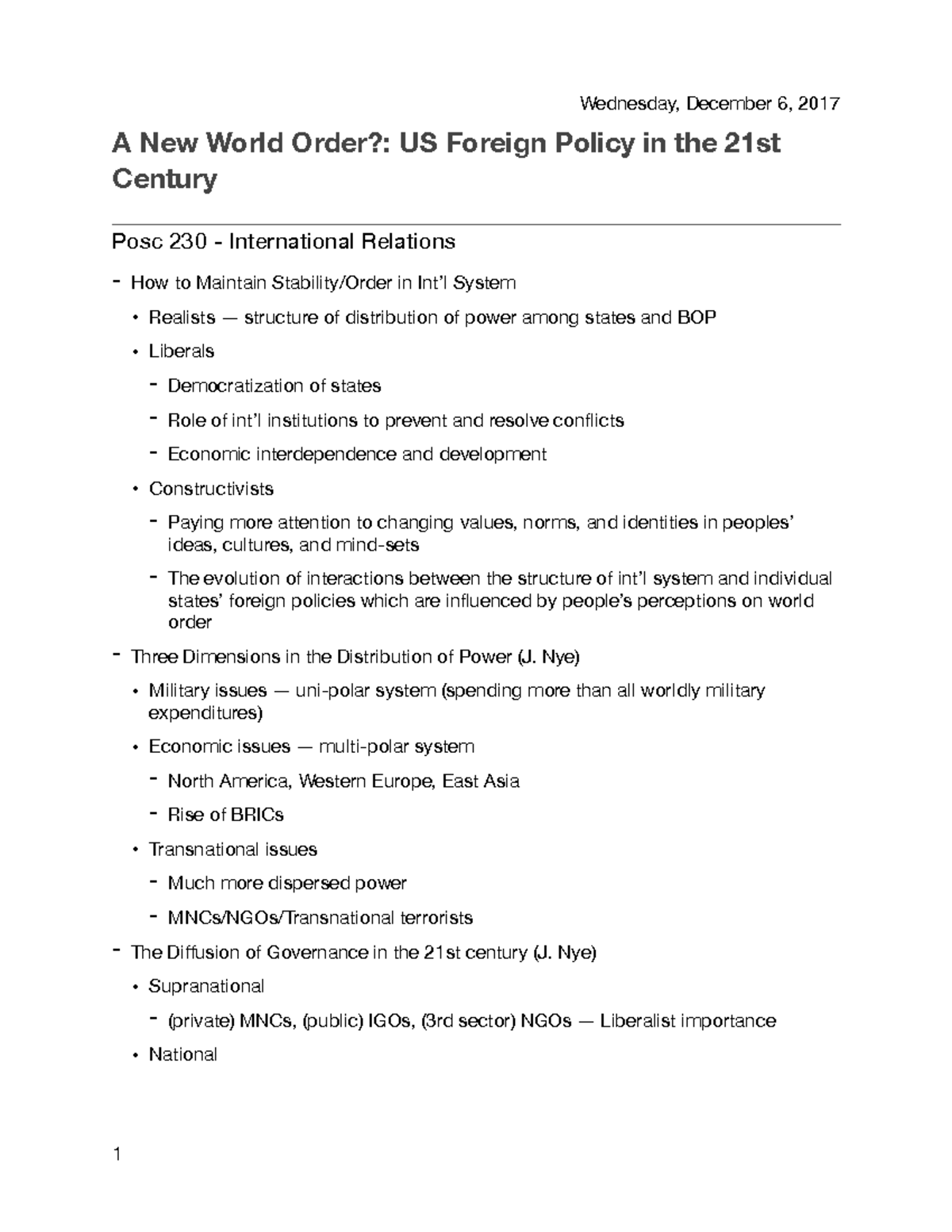 int. policy order - Wednesday, December 6, 2017 A New World Order?: US ...