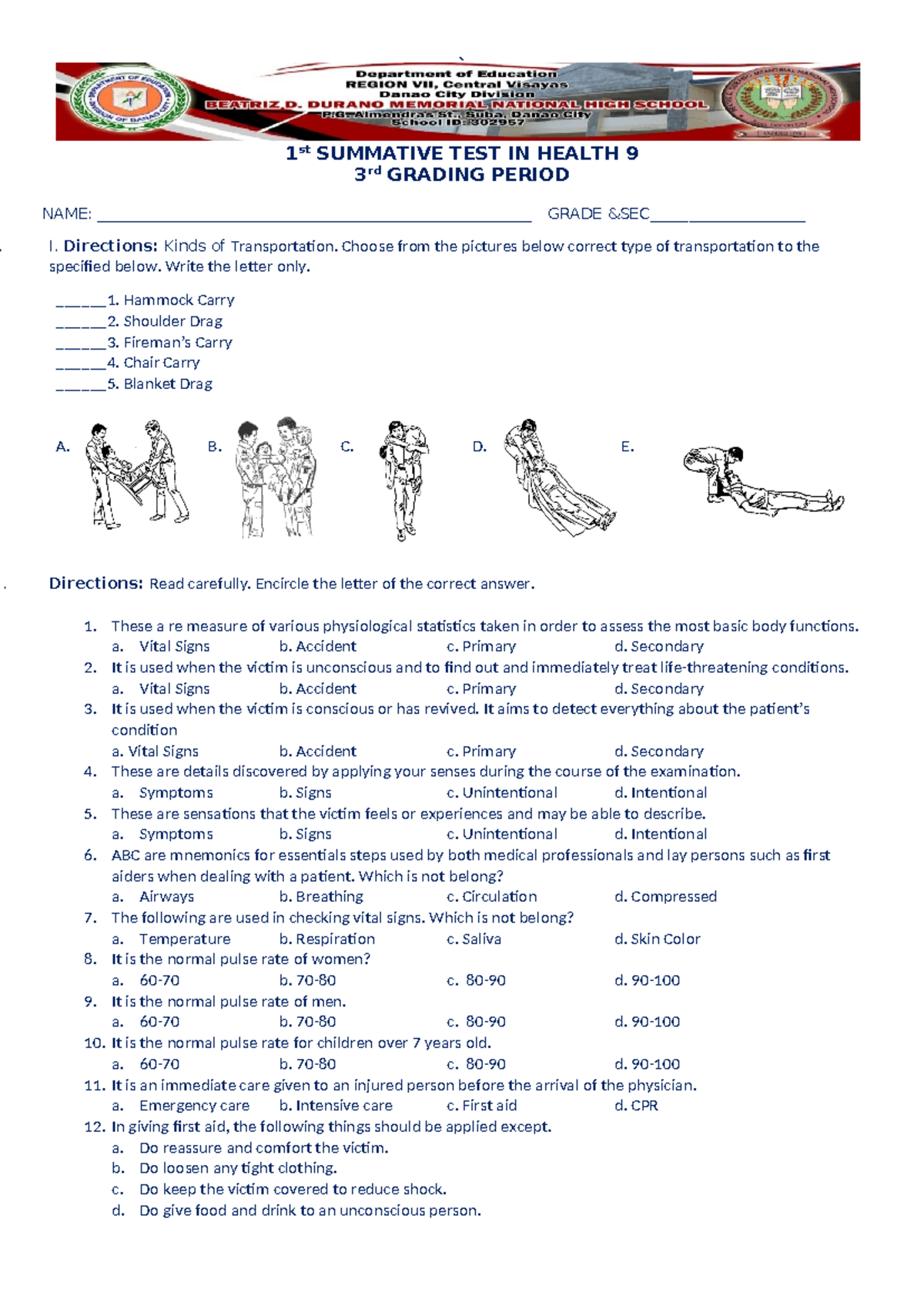 1st Summative IN Health - ` 1 st SUMMATIVE TEST IN HEALTH 9 3 rd ...