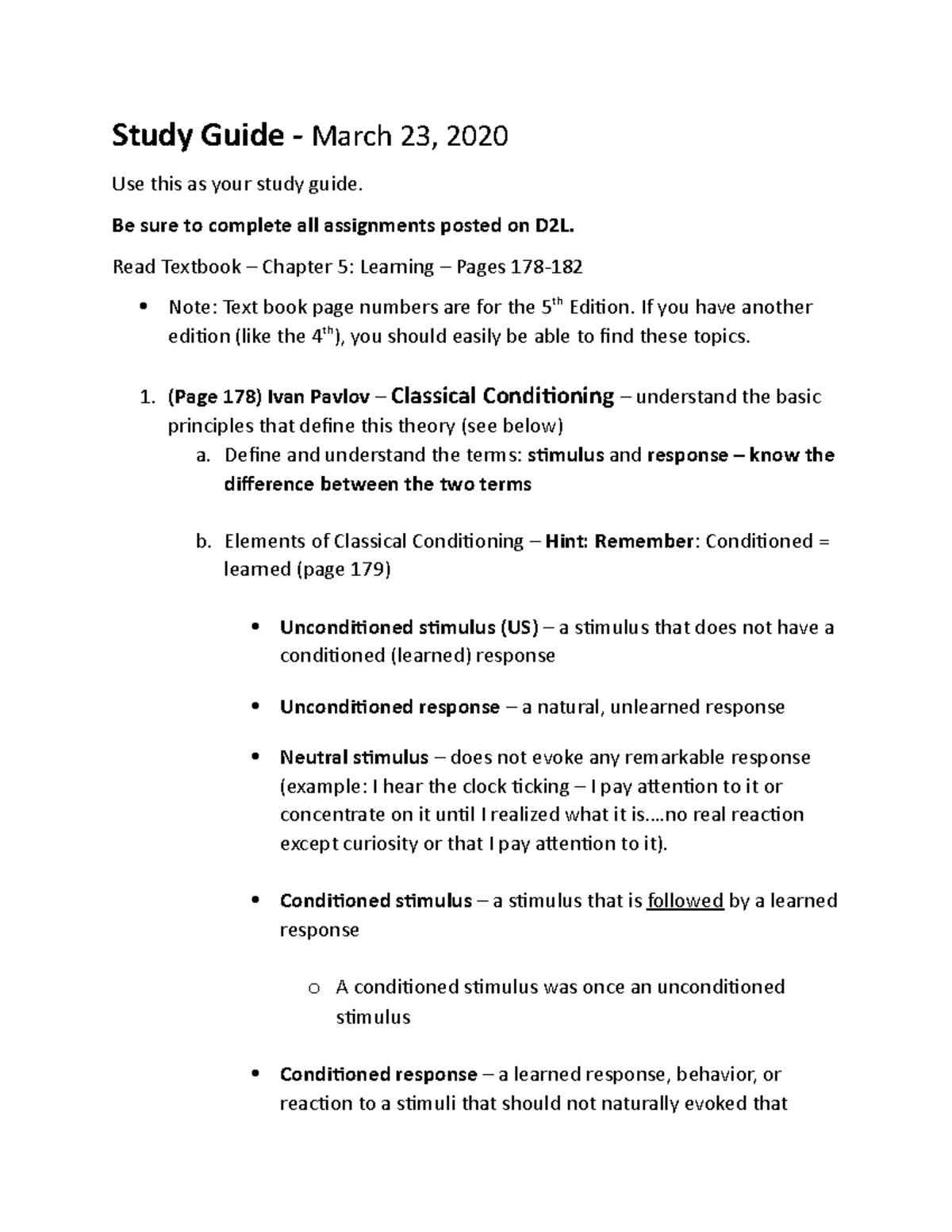 Study Guide 3 - Be sure to complete all assignments posted on D2L. Read ...