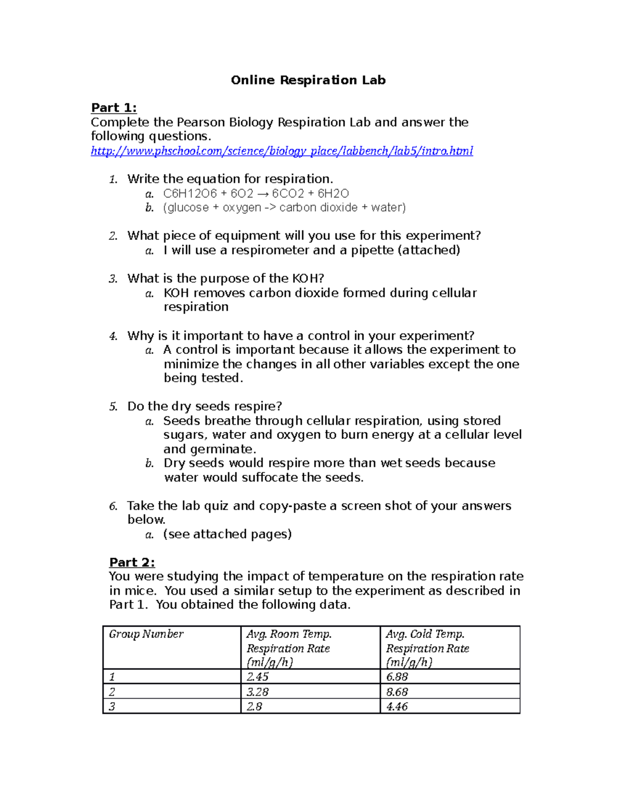 Online Respiration Lab - Online Respiration Lab Part 1: Complete the ...