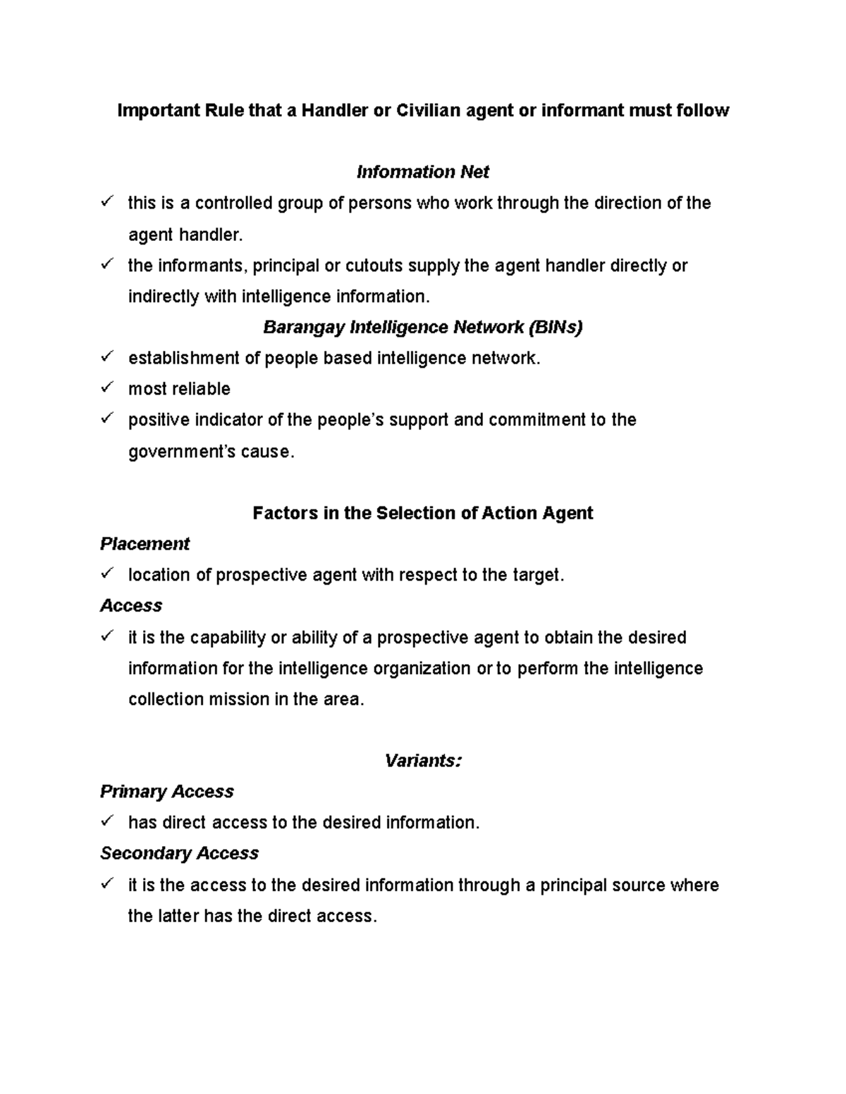 Important Rule that a Handler or Civilian agent or informant must ...