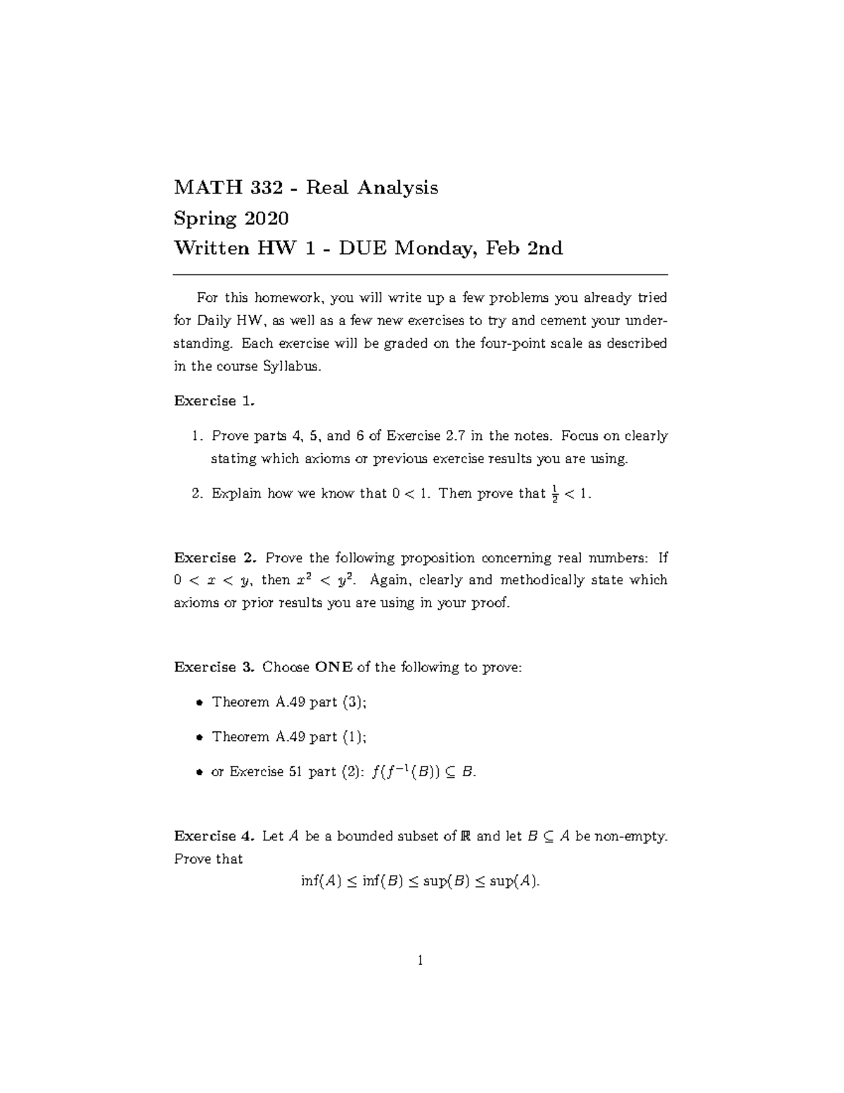 HW1 - Homework 1 - MATH 332 - Real Analysis Spring 2020 Written HW 1 ...