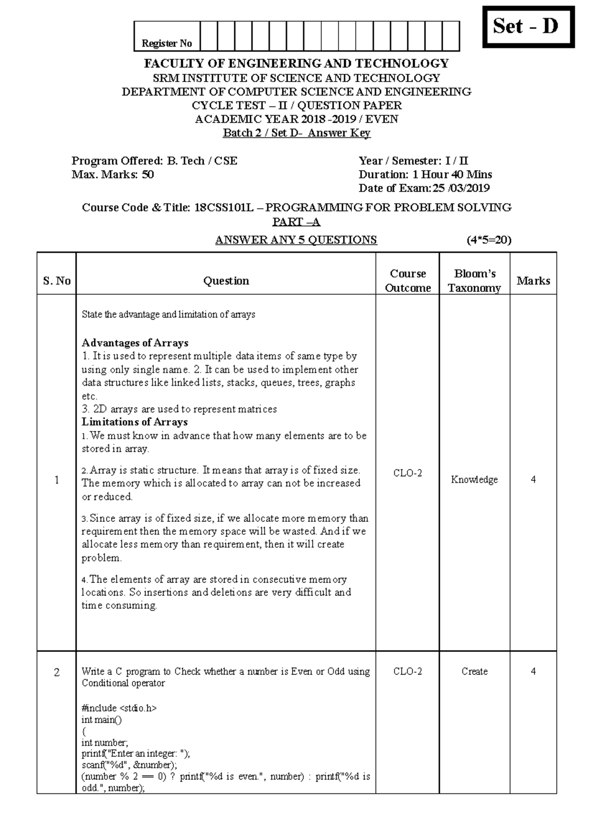 Ct Ii Set D Answer Key Set D Register No Faculty Of Engineering And Technology Srm Institute