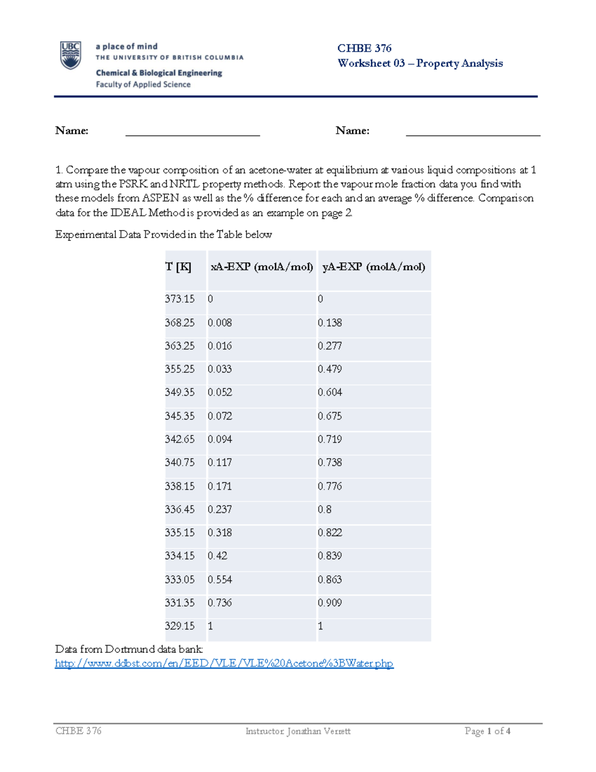 W3 Property Analysis - CHBE 376 Worksheet 03 3 Property Analysis Name