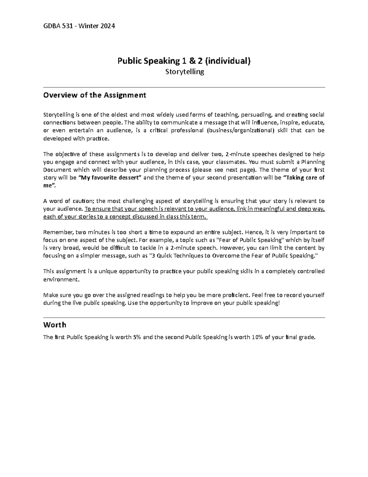 Public Speaking 1 2 W2024 - GDBA 531 - Winter 2024 Public Speaking 1 ...