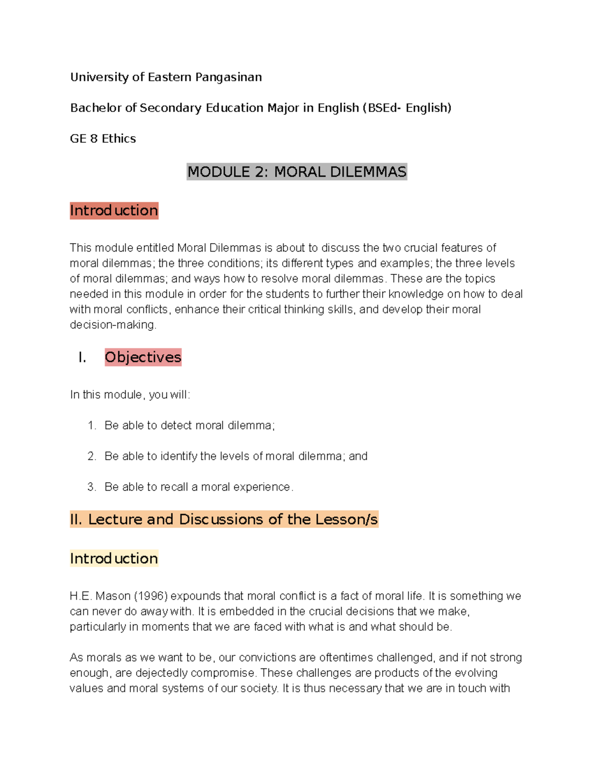 GE 8 Ethics Module 2 Moral Dilemmas - University of Eastern Pangasinan ...