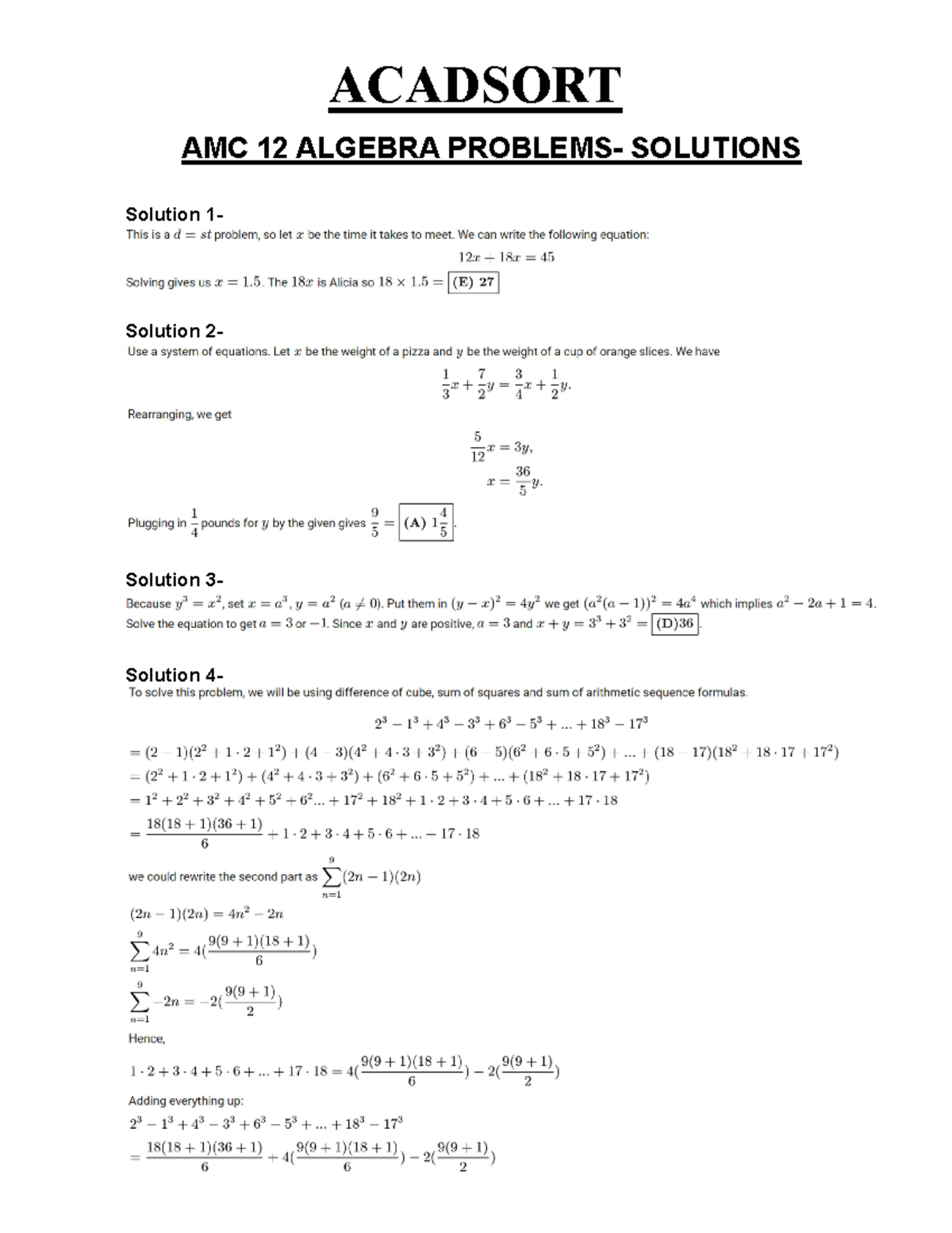 AMC 12 Algebra Problems- Solutions - ACADSORT AMC 12 ALGEBRA PROBLEMS- SOLUTIONS Solution 1 ...