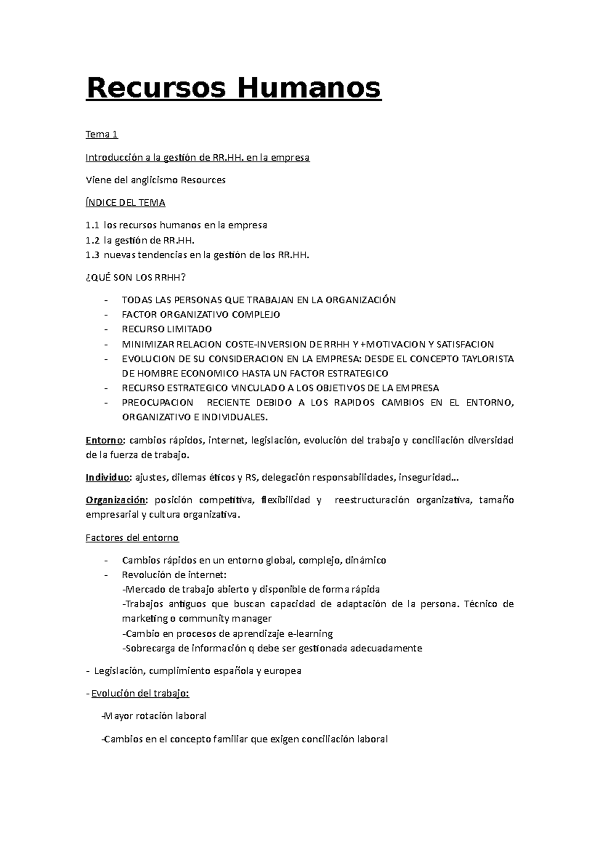 Recursos humanos - Recursos Humanos Tema 1 Introducción a la gestión de RR. en la empresa Viene ...