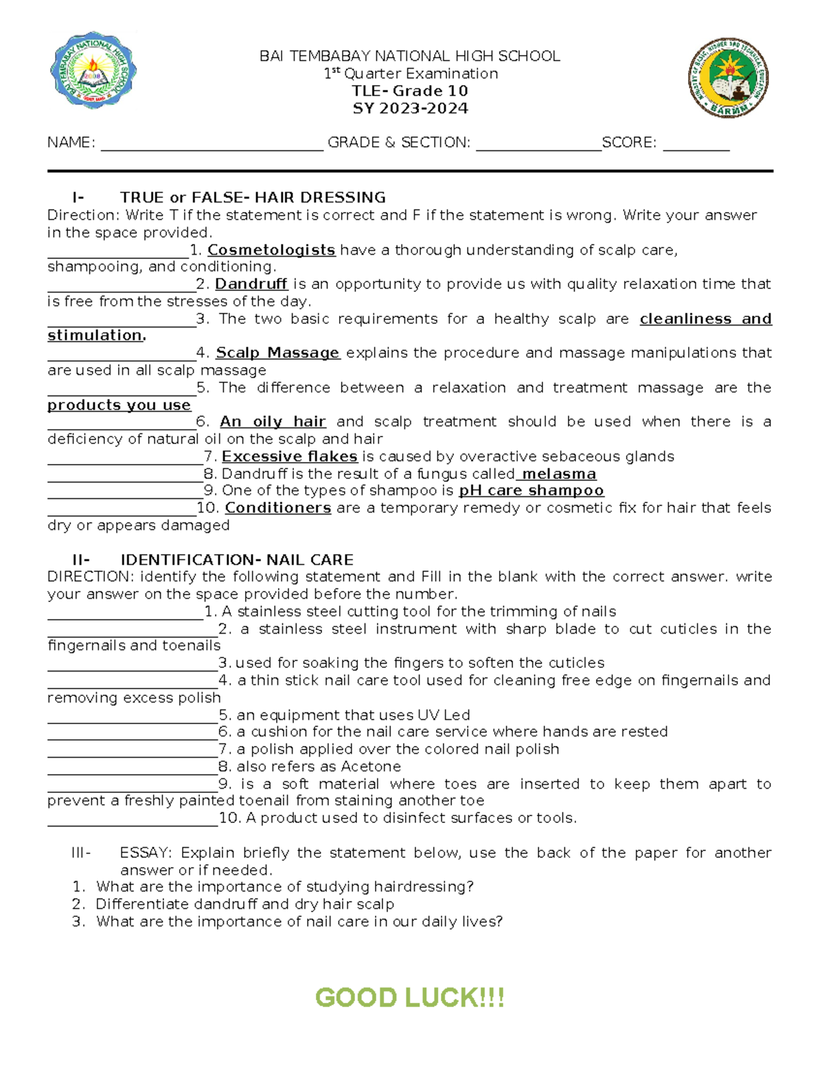 1st Periodic Test TLE 10 - BAI TEMBABAY NATIONAL HIGH SCHOOL 1 st ...