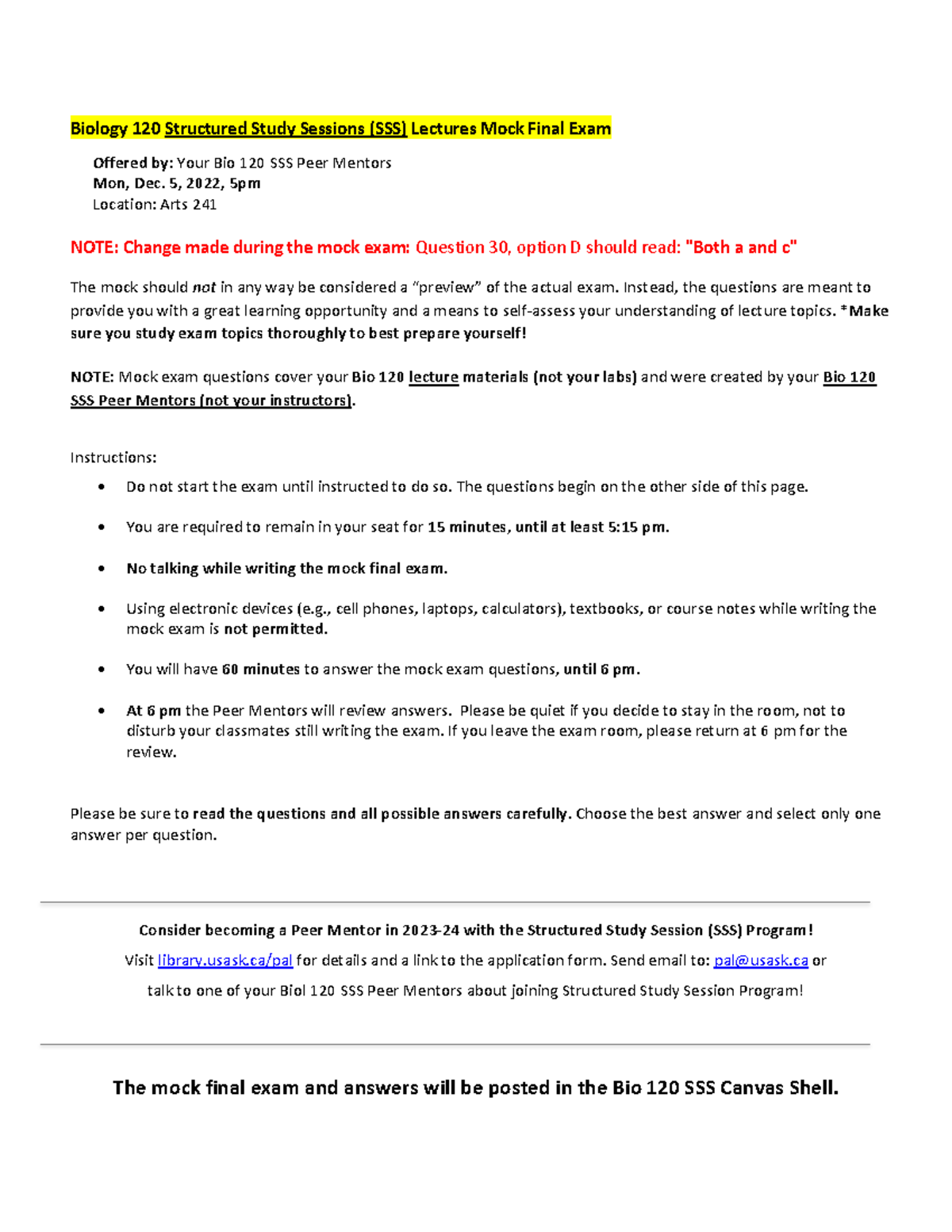 Bio120SSS Lectures Mock Final Exam Practice Questions Dec 2022 ...