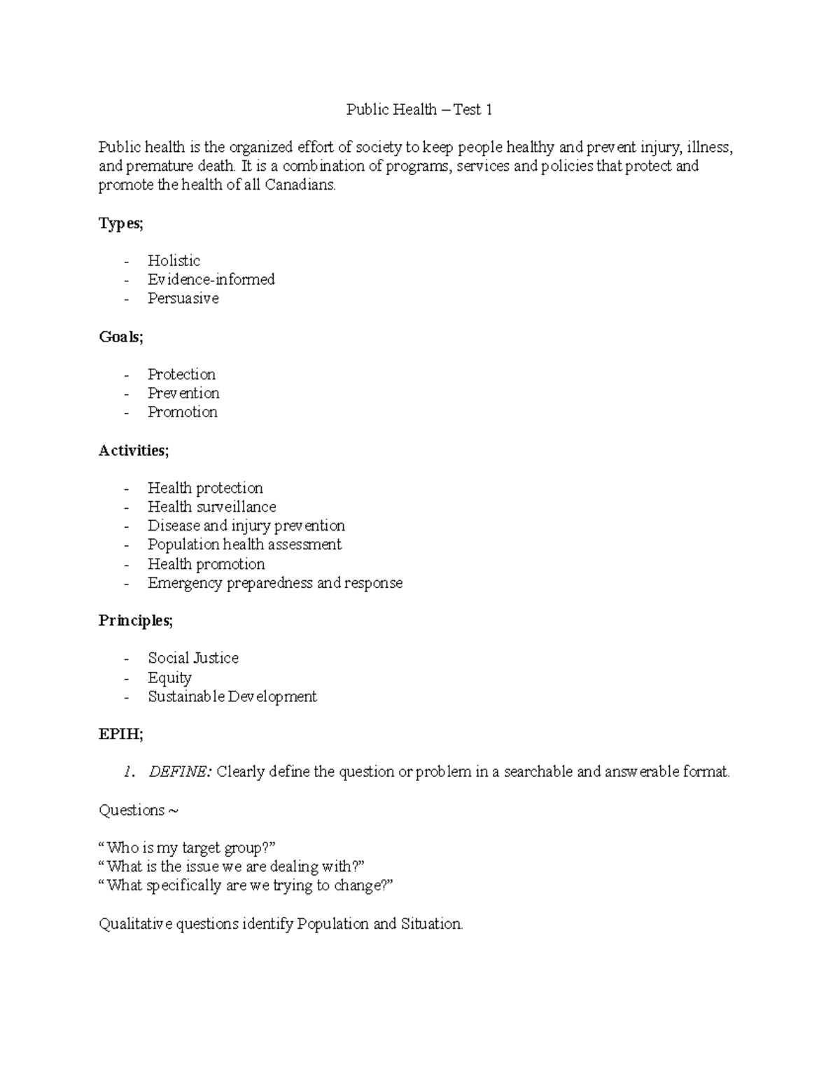 Public Health TEST 1 Content Public Health Test 1 Public Health