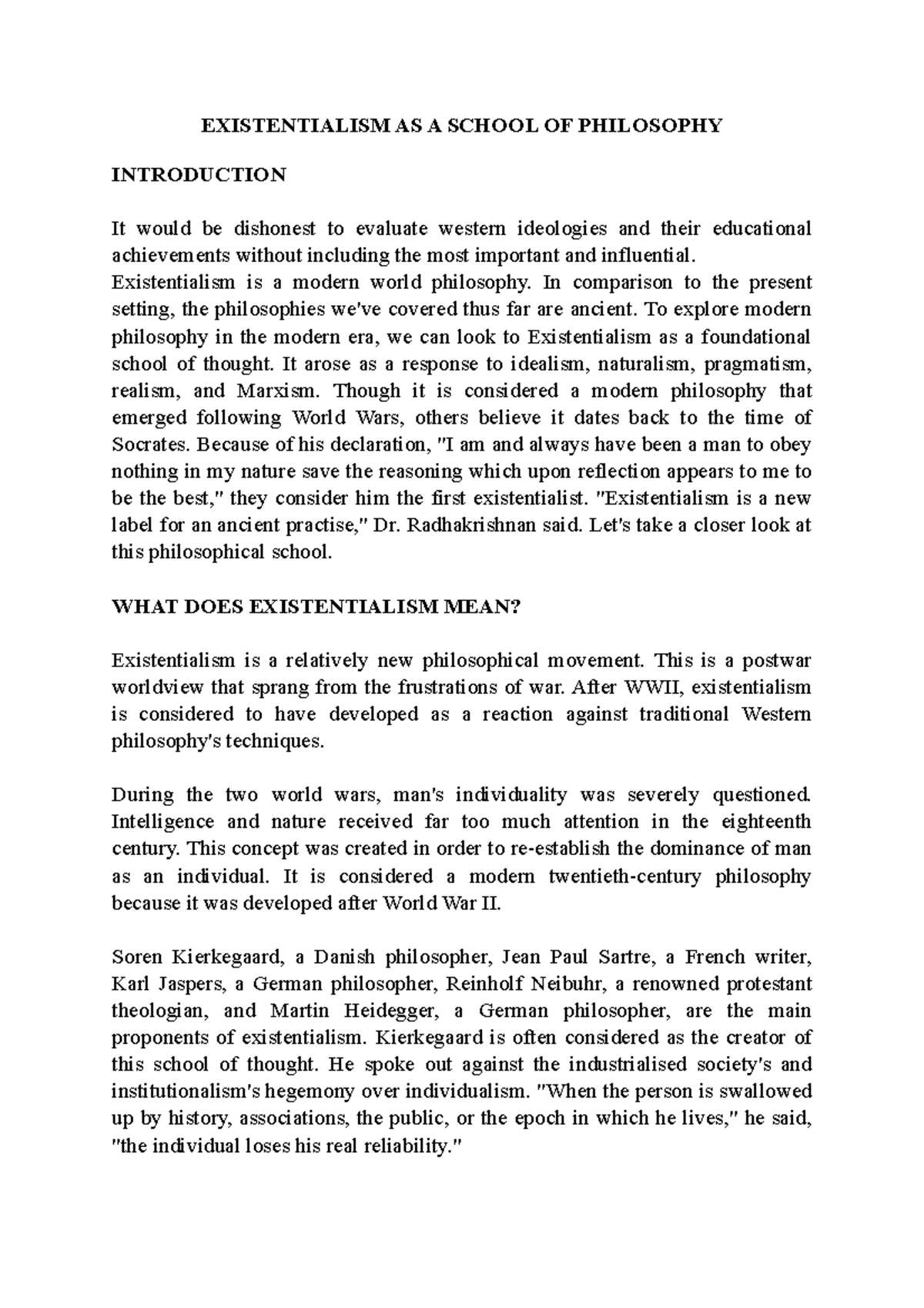 Existentialism AS A School OF Philosophy - EXISTENTIALISM AS A SCHOOL ...