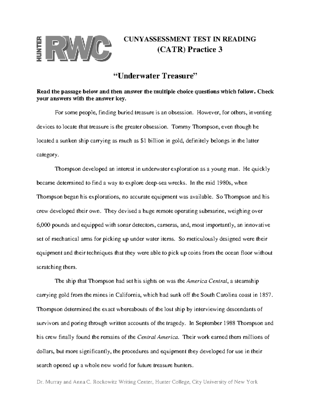 CATR Practice 03 - Underwater Treasure - CUNYASSESSMENT TEST IN READING ...