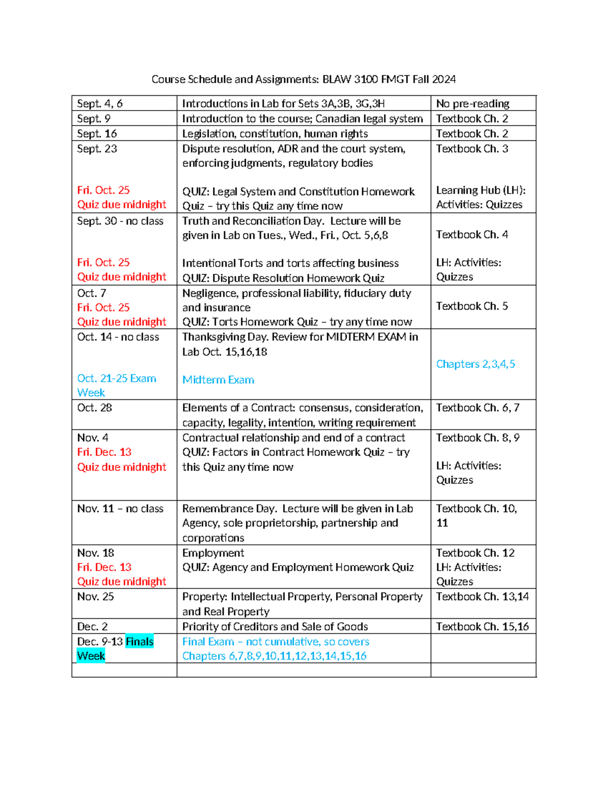 Course Schedule and Assignments Fall 2024 BLAW 3100 course outline ...