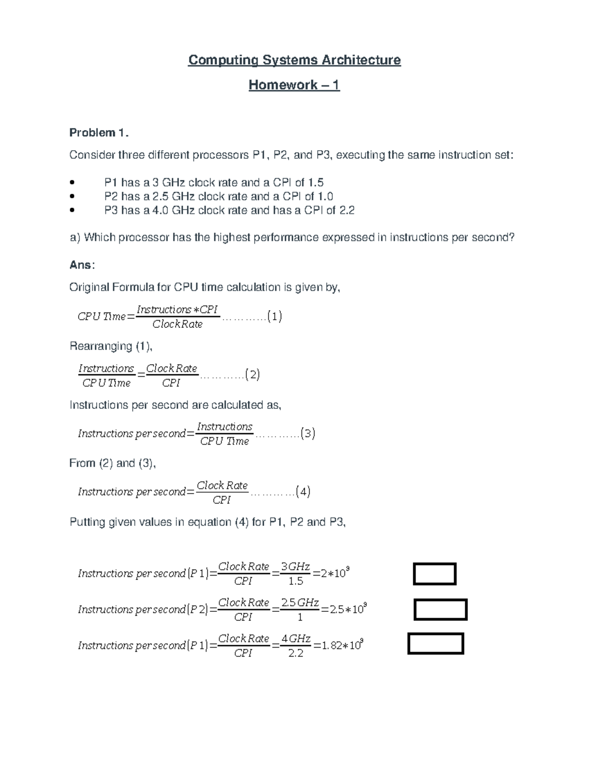 Homework - 1 - ... - Computing Systems Architecture Homework – 1 Problem 1. Consider three ...