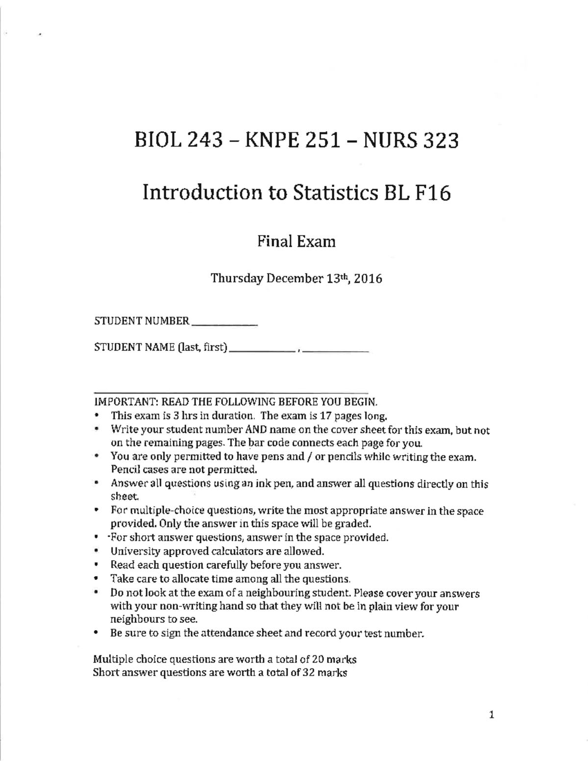 Exam 1 December 2010, questions and answers - BIOL 243 - KNPE 251 ...