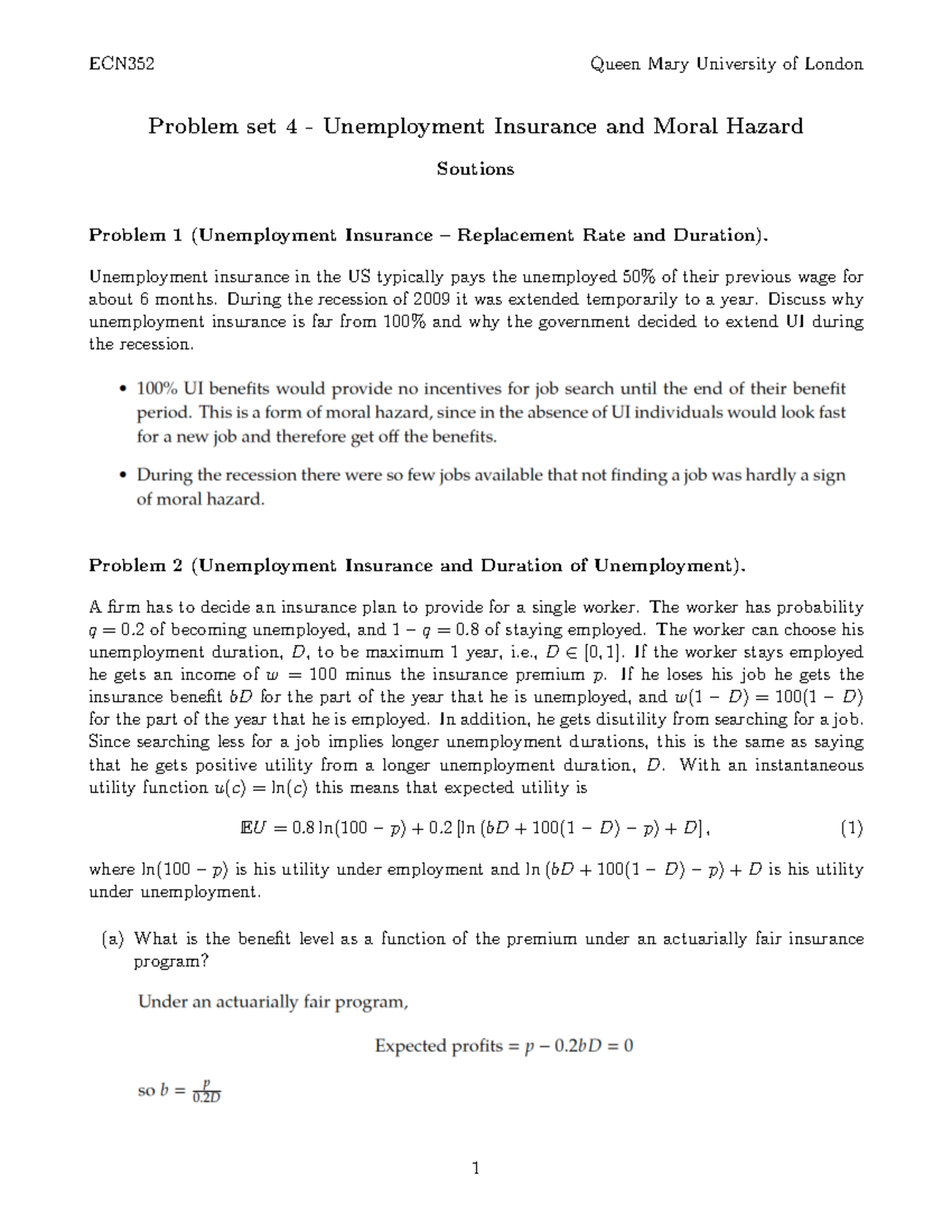 Problem Set 4 solutions - ECN352 Queen Mary University of London Problem set 4 Unemployment ...