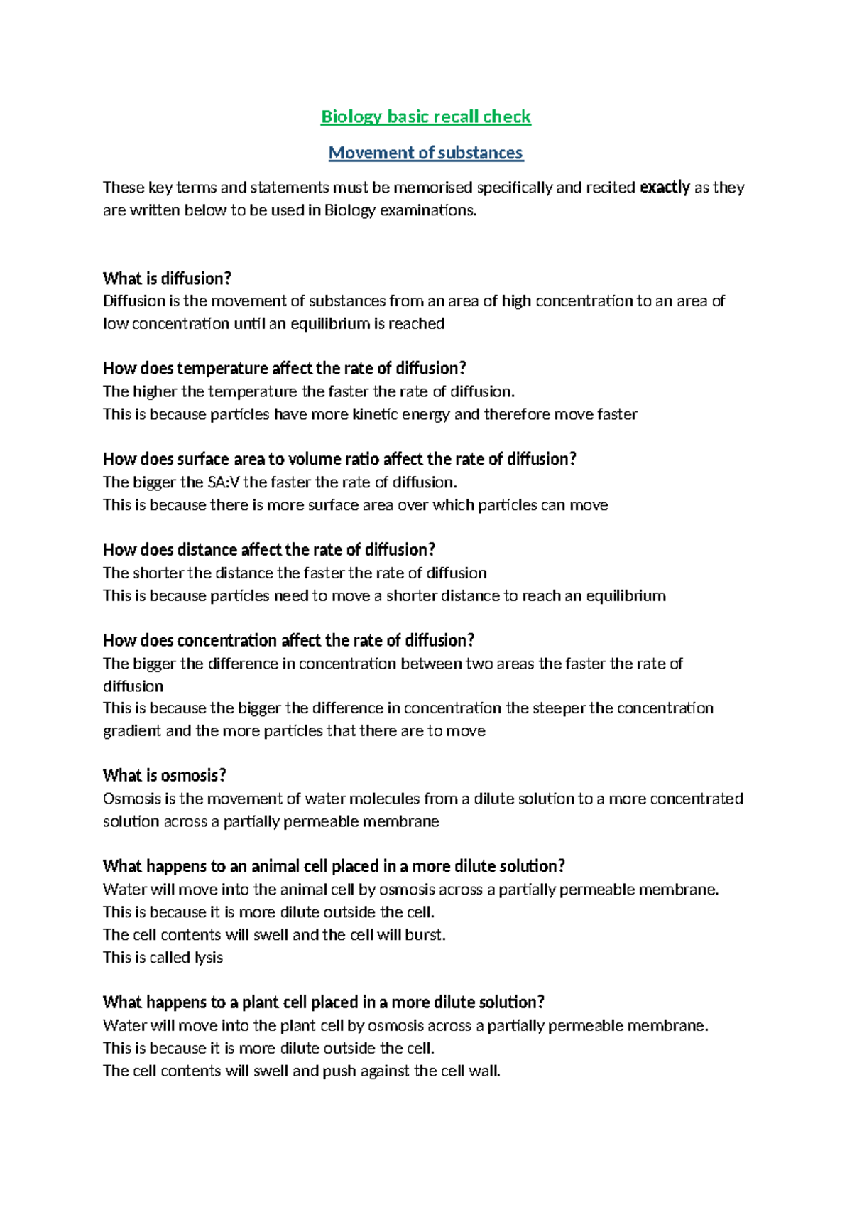 5. Movement of substances - Biology basic recall check Movement of ...