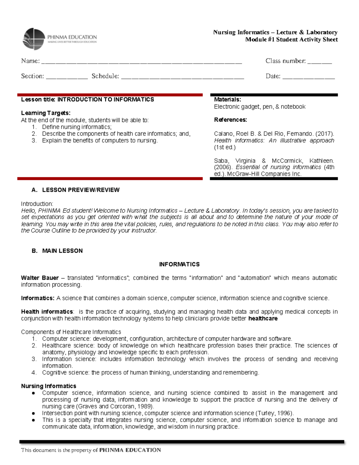 Nursing Informatics (Session 1-2) - Module #1 Student Activity Sheet ...