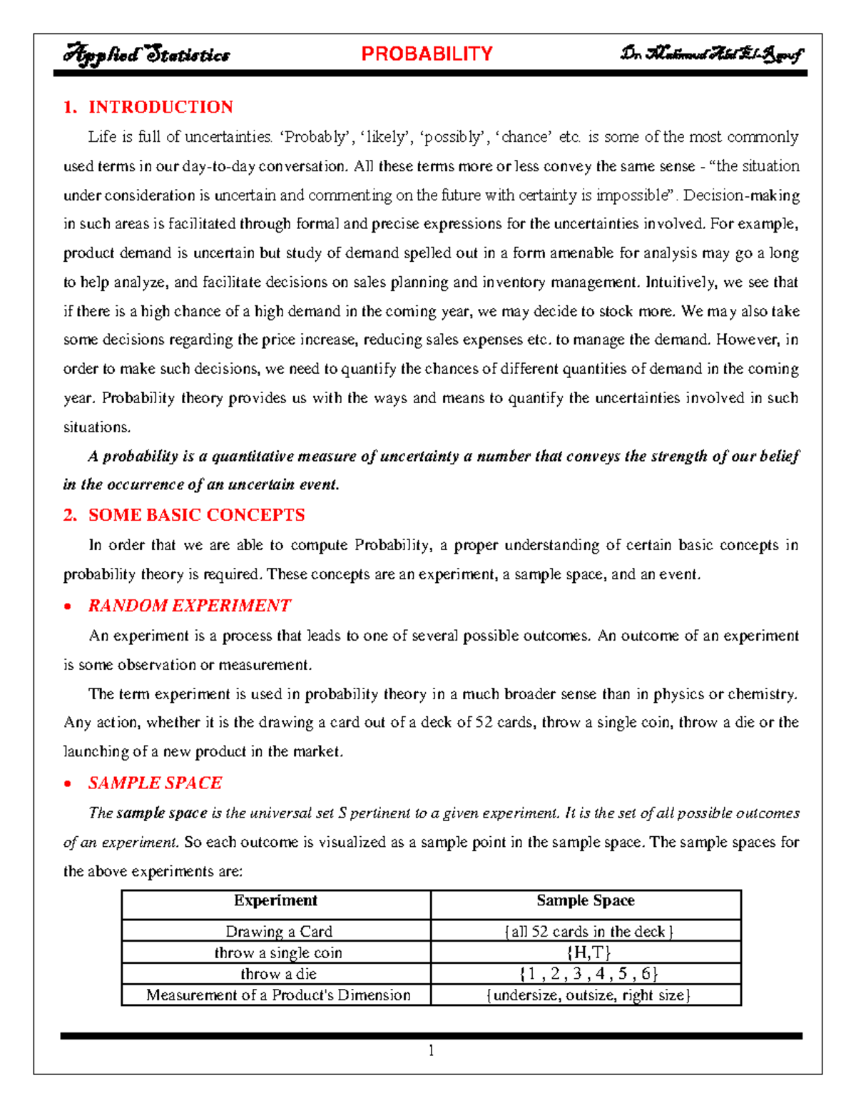 Probability - Lecture - Applied Statistics PROBABILITY 1. INTRODUCTION ...