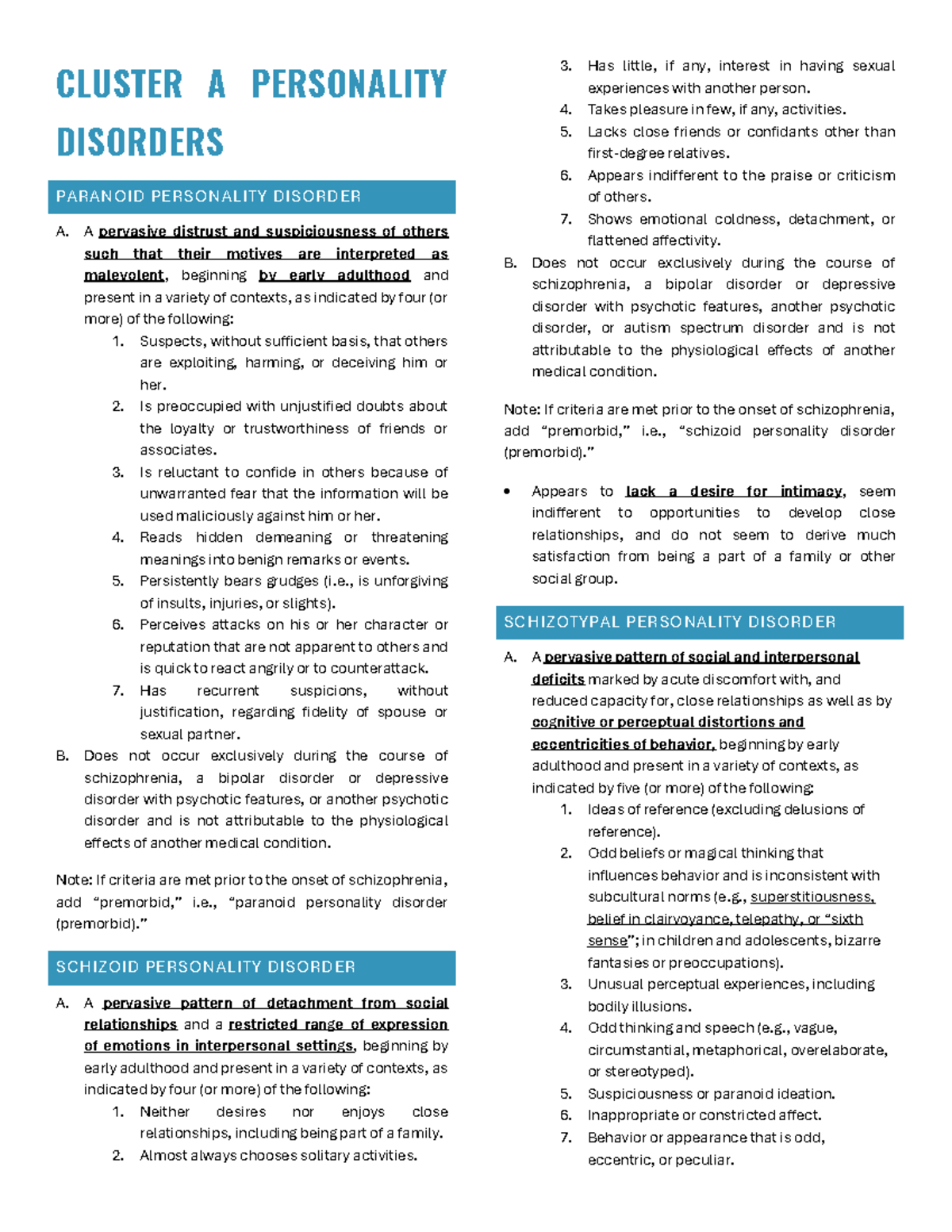 Abnormal- Psychology- Clusters - CLUSTER A PERSONALITY DISORDERS ...