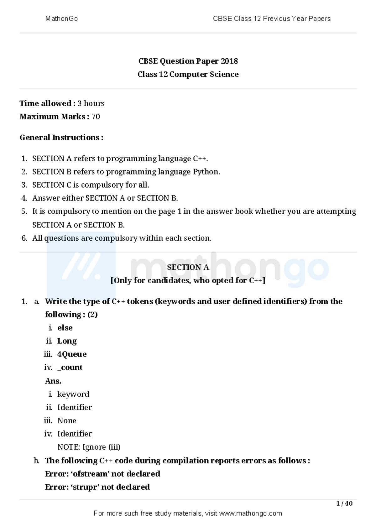 Computer science class 12 cbse previous year question paper 2018 - 1 / 40 CBSE Question Paper ...