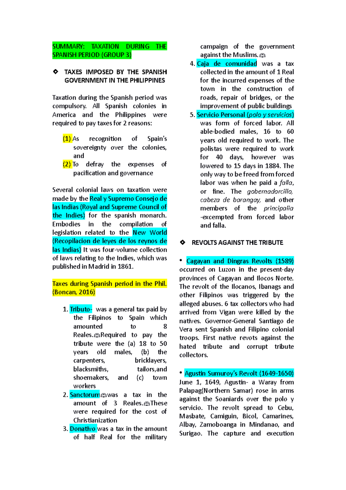 Summary Taxation During THE Spanish Period - SUMMARY: TAXATION DURING ...