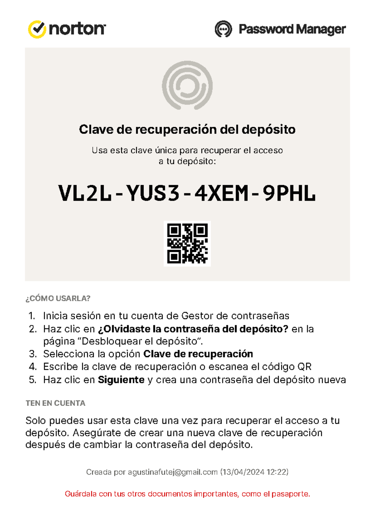 Norton Password Manager Recovery Key 20240413 122239 - Clave de ...