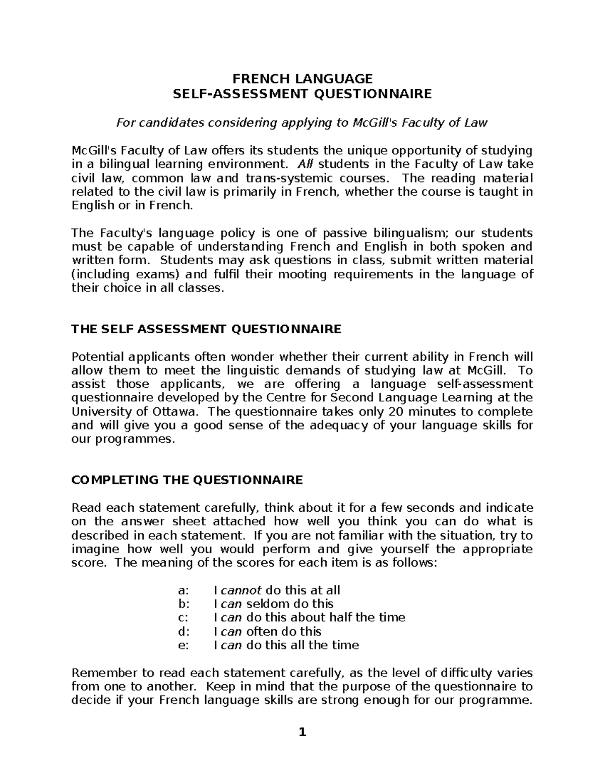 French language self-assessment - FRENCH LANGUAGE SELF-ASSESSMENT ...